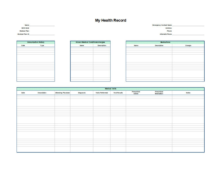 √ Personal Medical Health Record Sheet Template