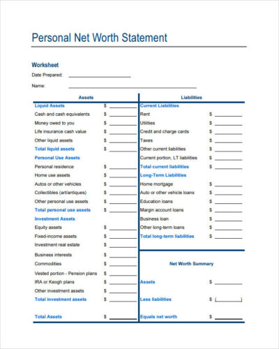 √ Personal Net Worth Statement Template