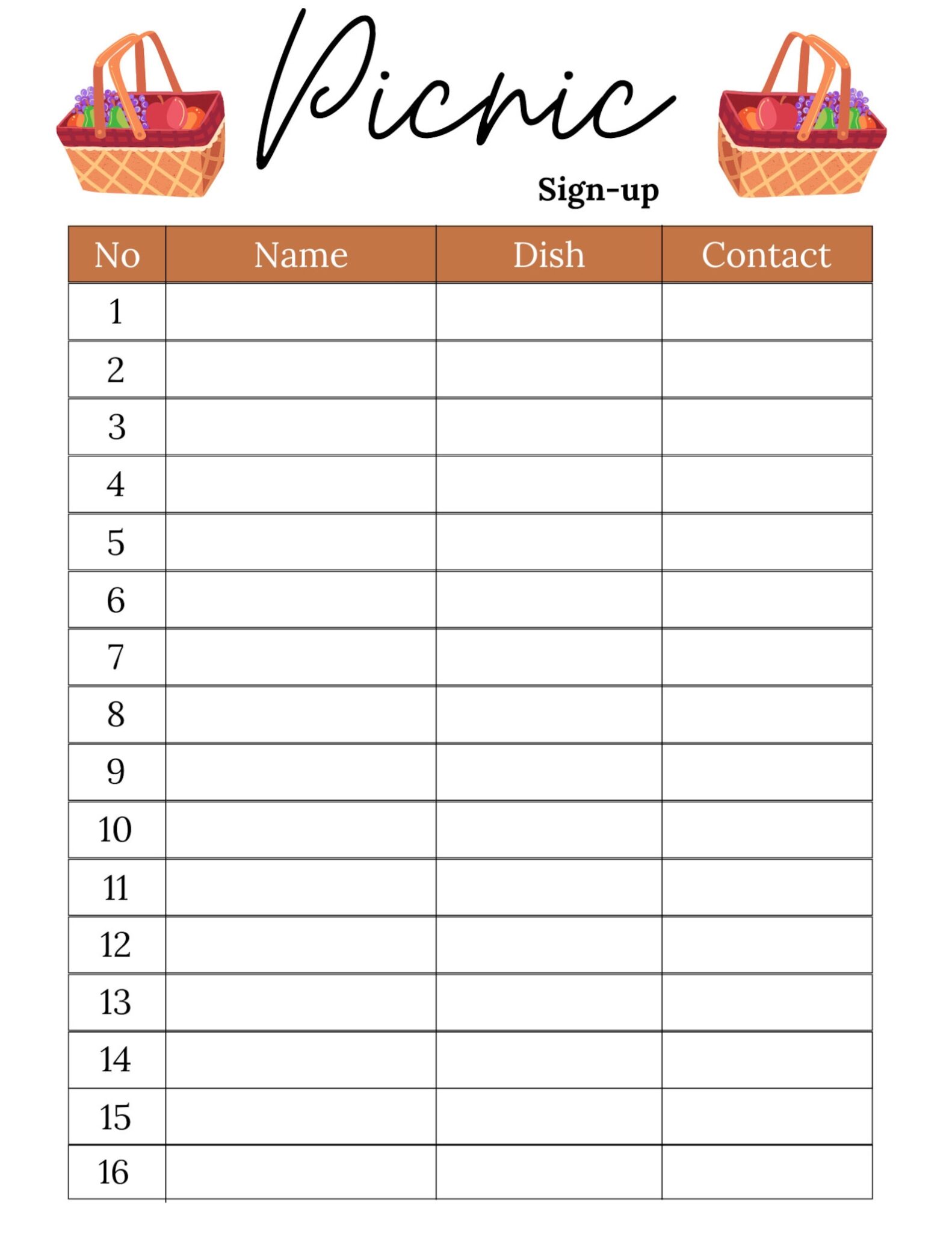 √ Free Picnic Sign-Up Sheet Template (Excel)