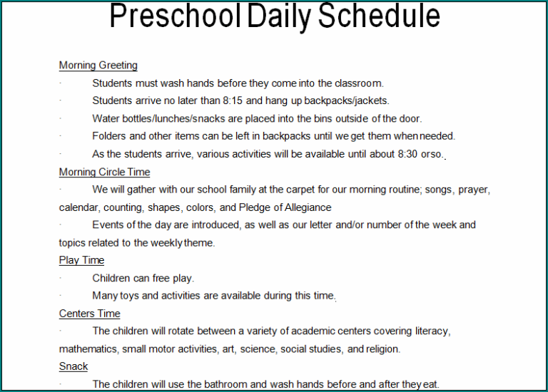 √ Printable Preschool Daily Schedule Template