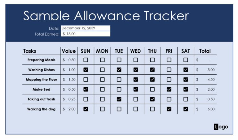 Printable Allowance Tracker Template Sample | Templateral