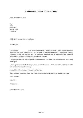 √ Printable Christmas Letter Template to Employees