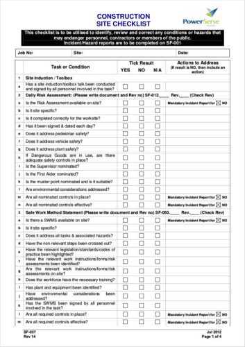 √ Printable Construction Site Checklist Template