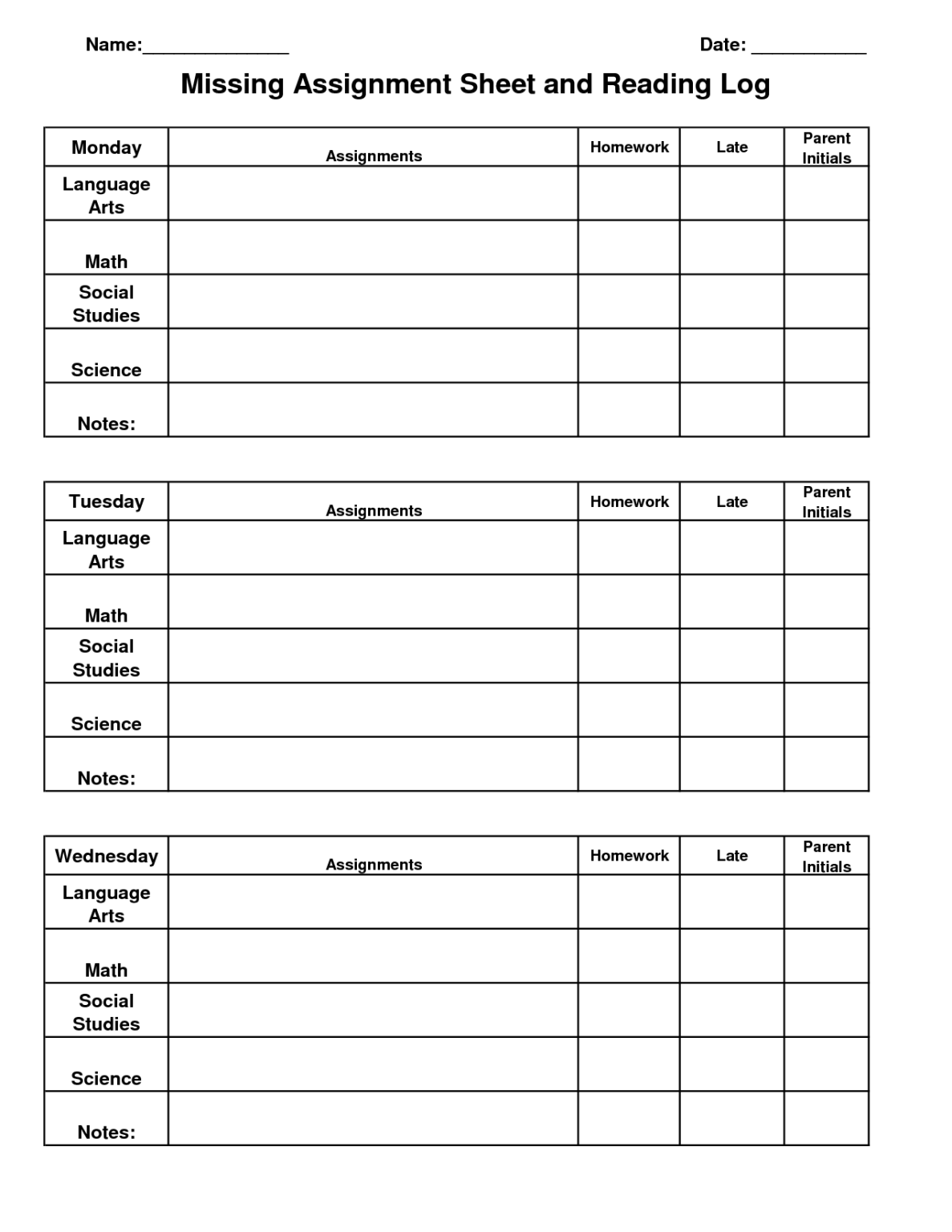 √ Printable Daily Assignment Log Template