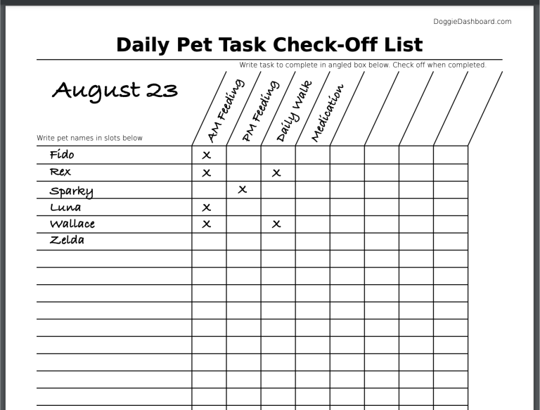 Printable Daily Dog Care Checklist Template Sample | Templateral
