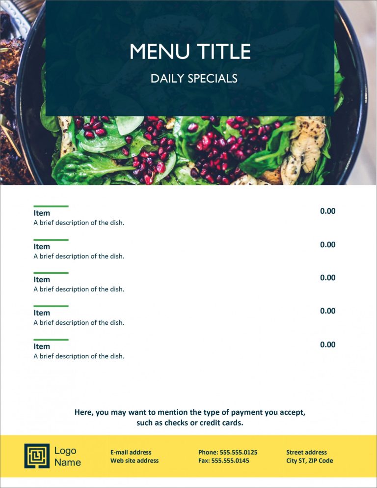 √ Printable Daily Special Menu Template