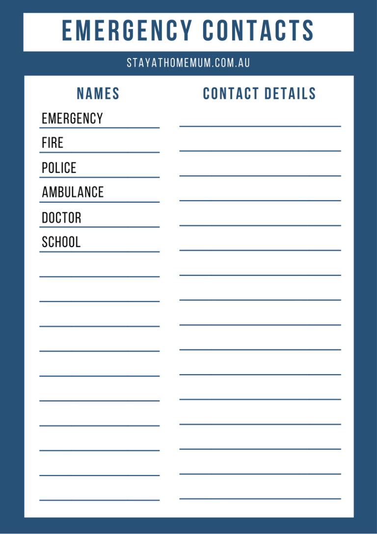 √ Printable Emergency Contact List Template