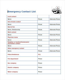 √ Printable Emergency Contact List Template