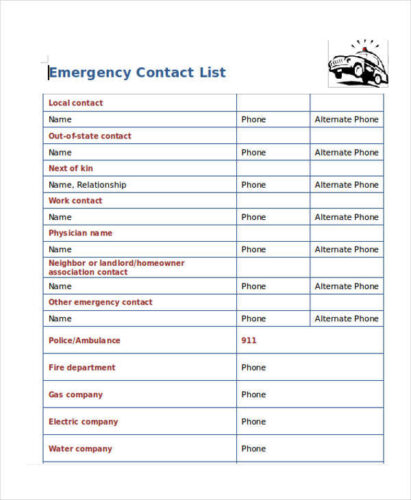 √ Printable Emergency Contact List Template