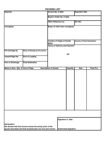 √ Printable Export Packing List Template