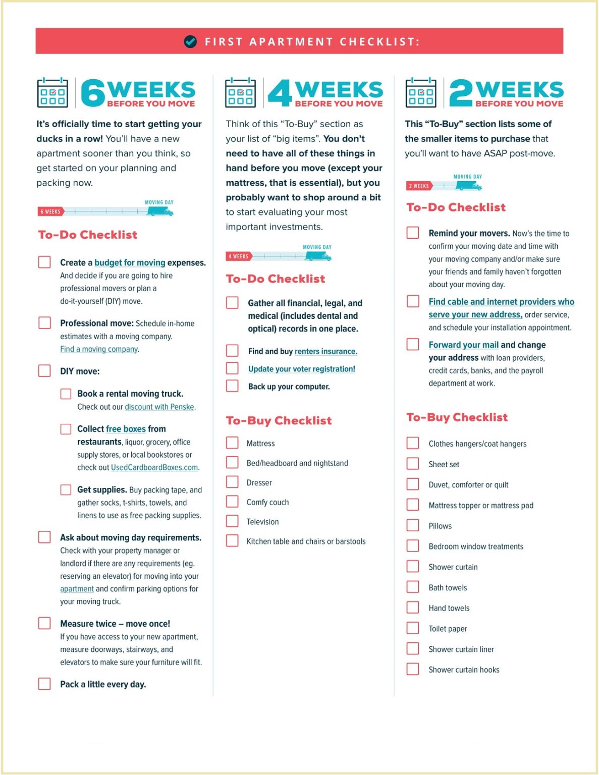 √ Printable First Apartment Checklist Template