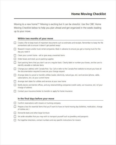 √ Printable Moving Checklist Template