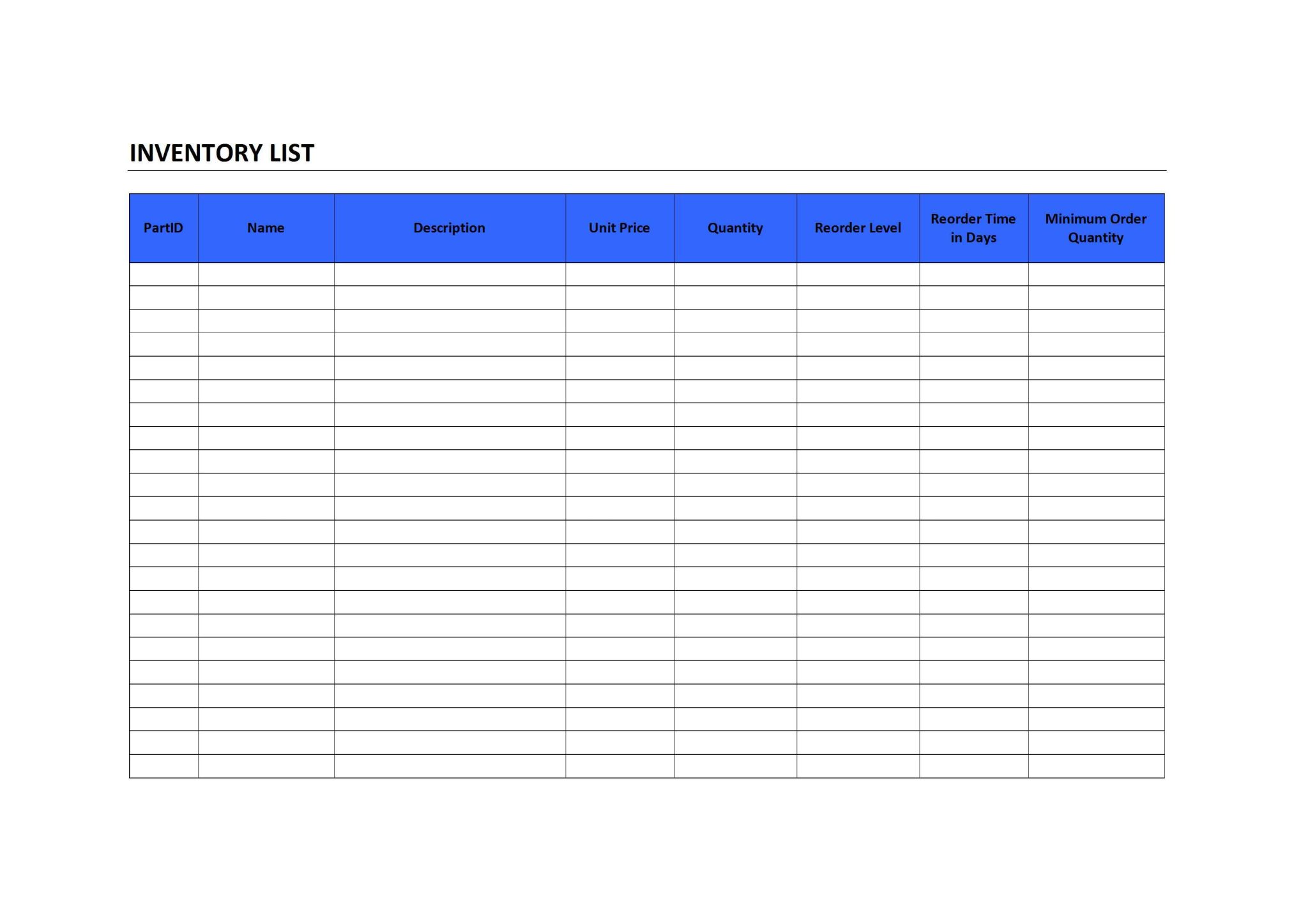Printable Inventory List Template Sample | Templateral