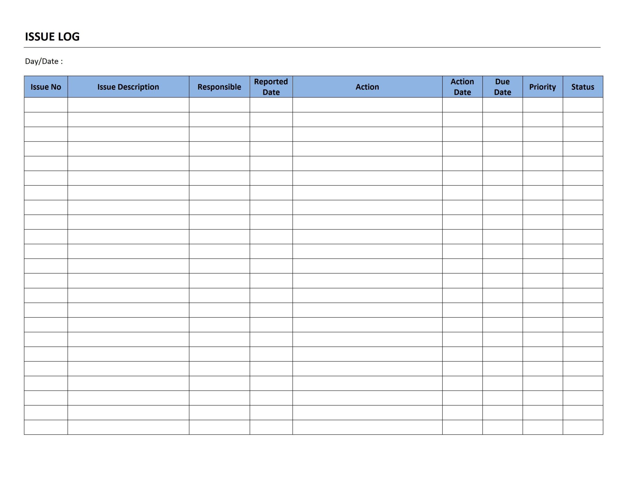 √ Printable Issue Management Log Template