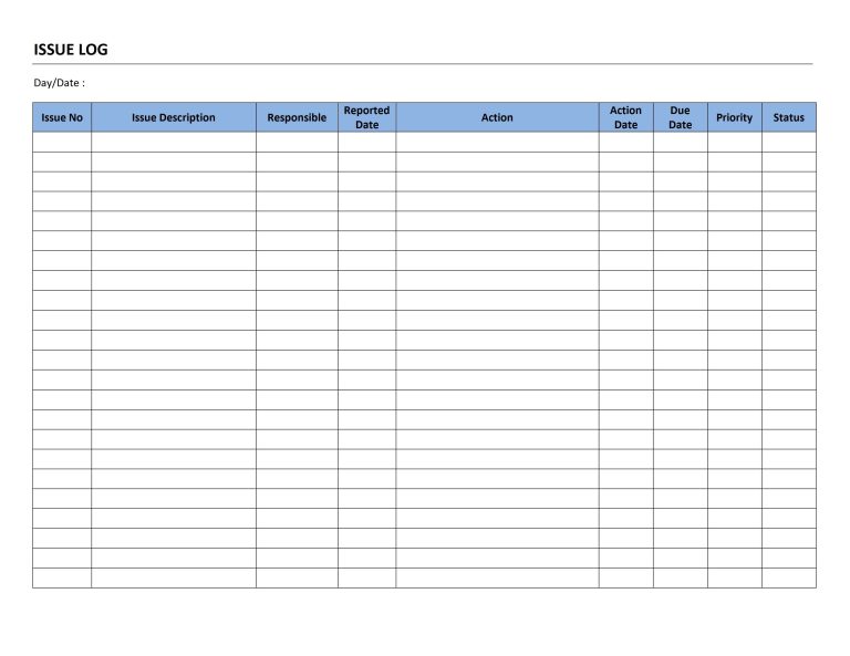 √ Printable Issue Management Log Template