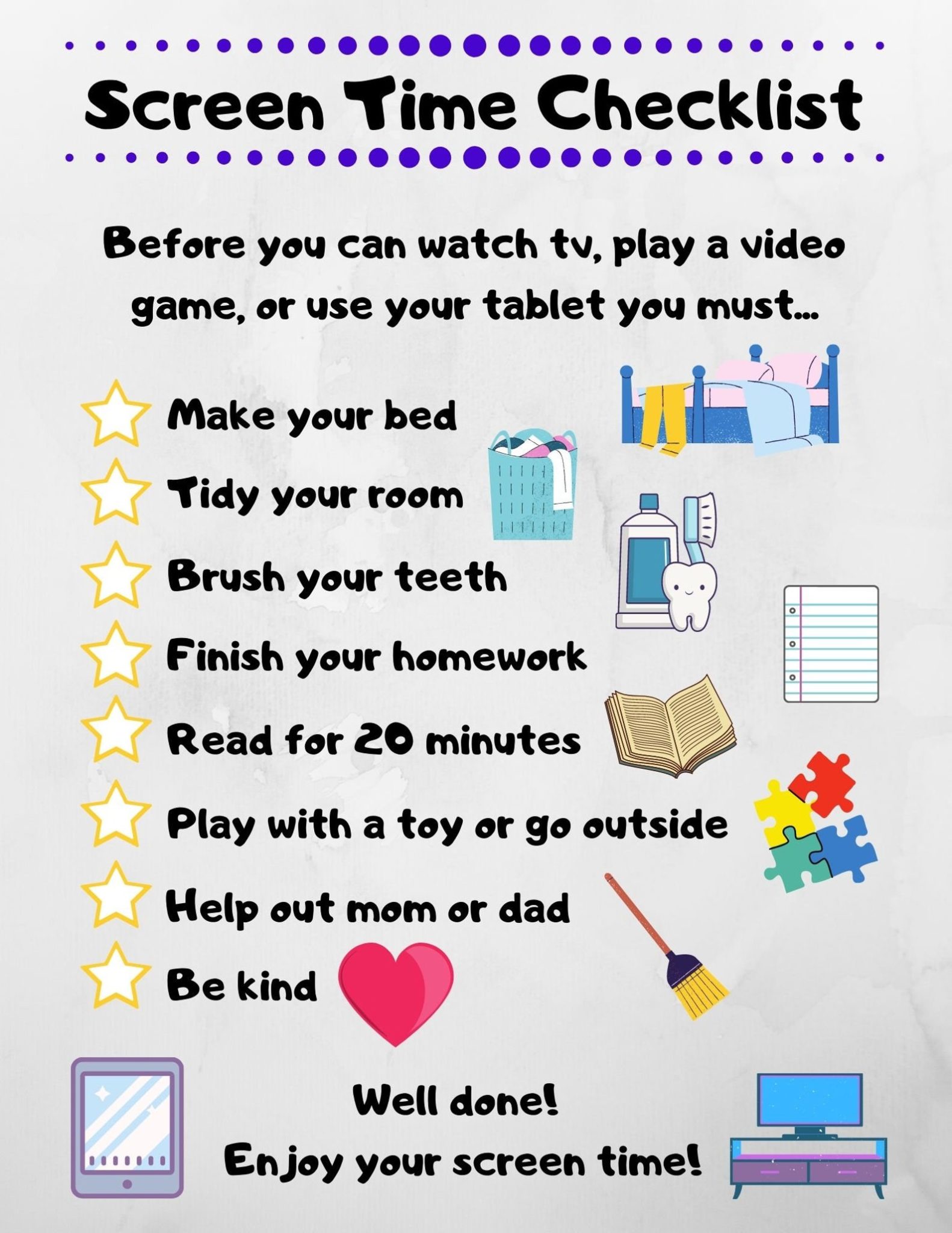 Printable Kids Screen Time Checklist Template | Templateral