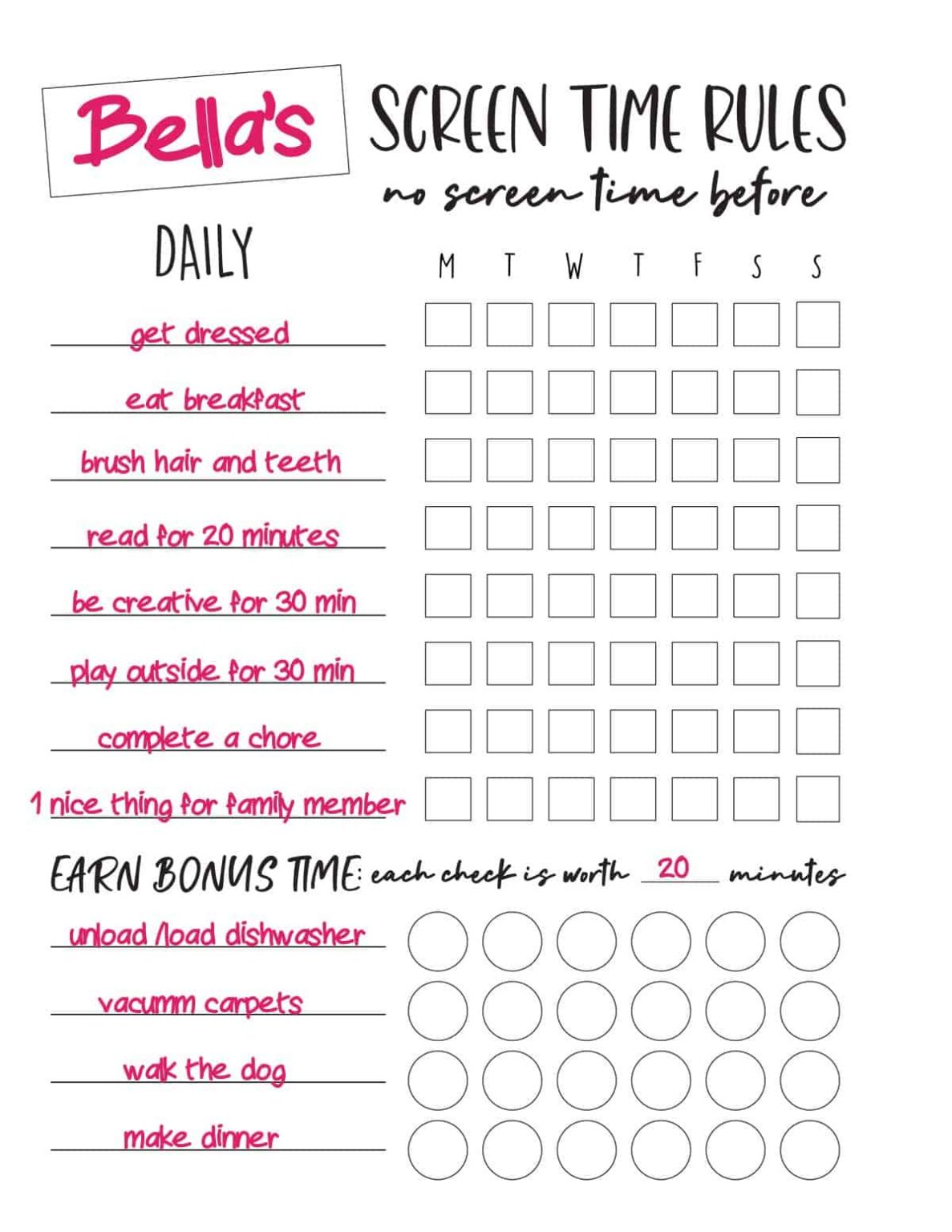 √ Printable Kids Screen Time Checklist Template