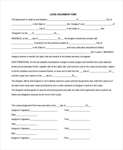 Printable Lease Assignment Form Sample | Templateral