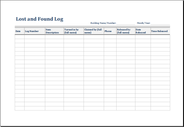 √ Printable Lost And Found Log Template