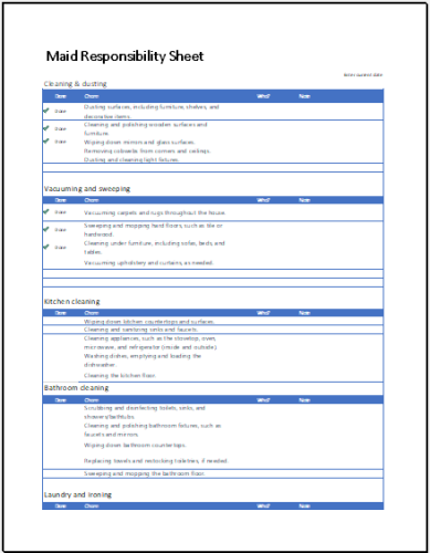 Printable Maid Responsibility Sheet Template Example | Templateral