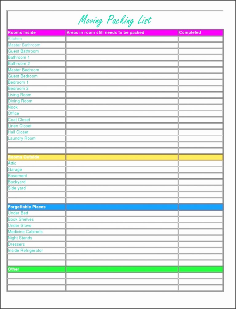 √ Printable Moving Packing List Template