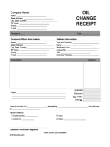 Printable Oil Change Receipt Template | Templateral