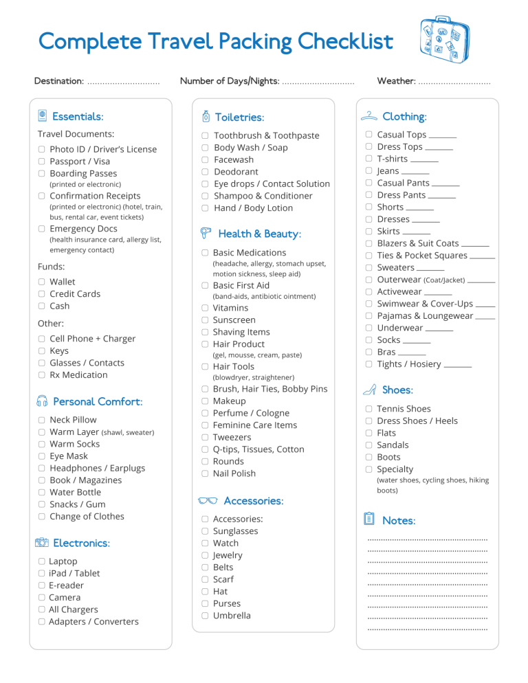 √ Printable Packing Travel Checklist Template