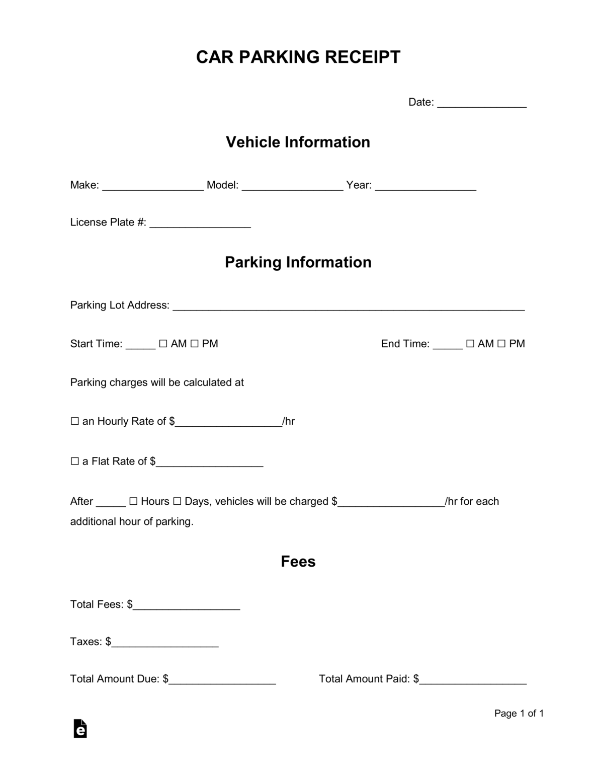 √ Printable Parking Receipt Template