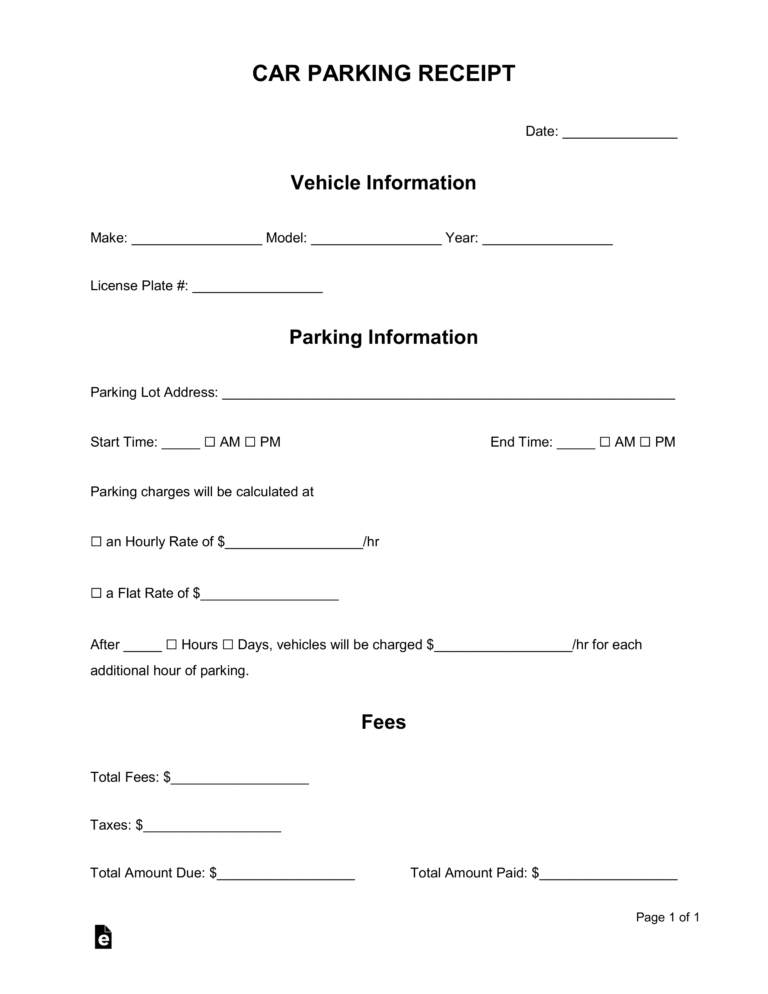 √ Printable Parking Receipt Template