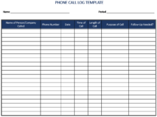 √ Printable Phone Call Log Template