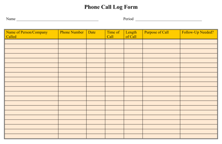 √ Printable Phone Call Log Template