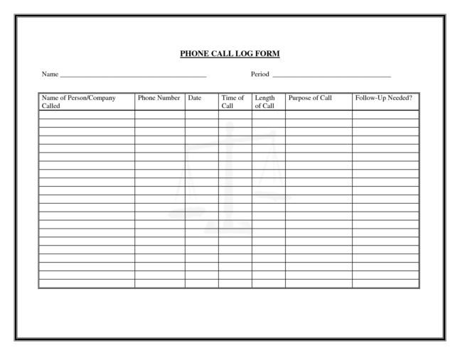 √ Printable Phone Call Log Template