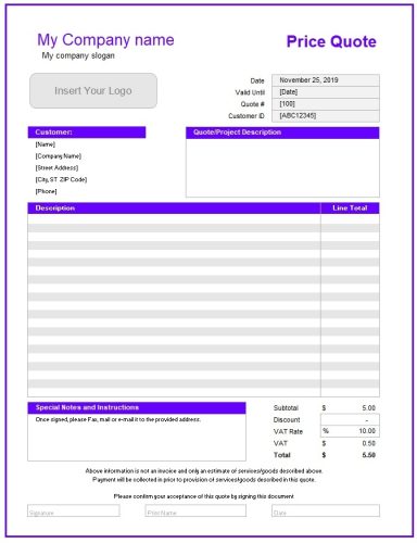 Printable Price Quotation Template Example | Templateral