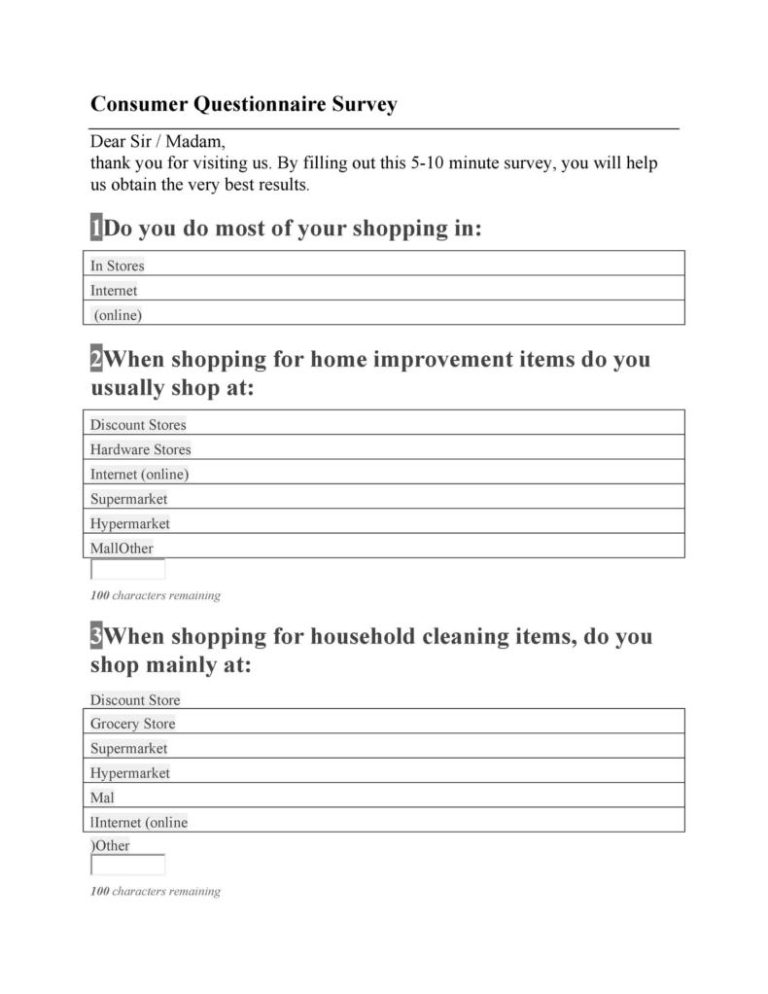 Printable Questionnaire Template Sample | Templateral