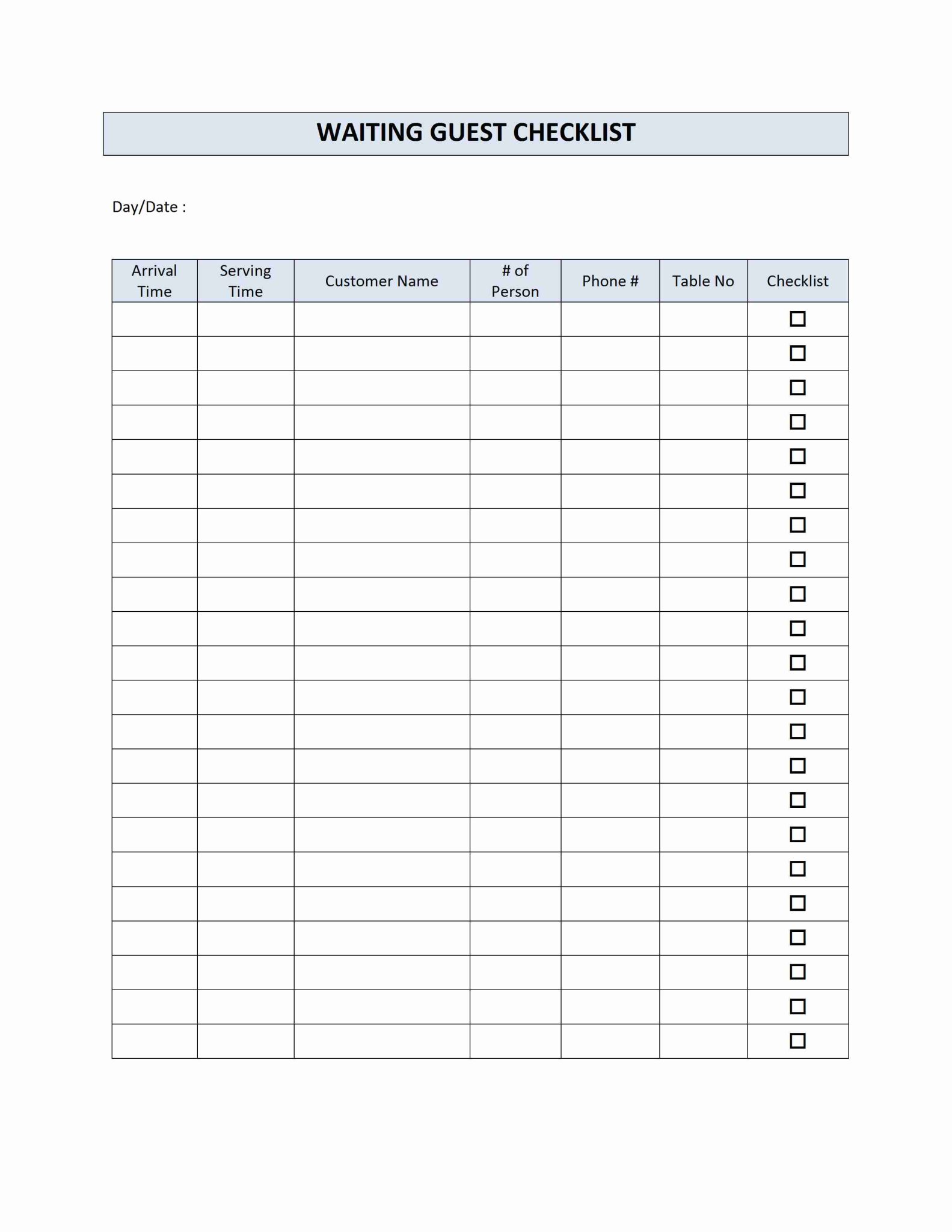 √ Printable Restaurant Waiting List Template