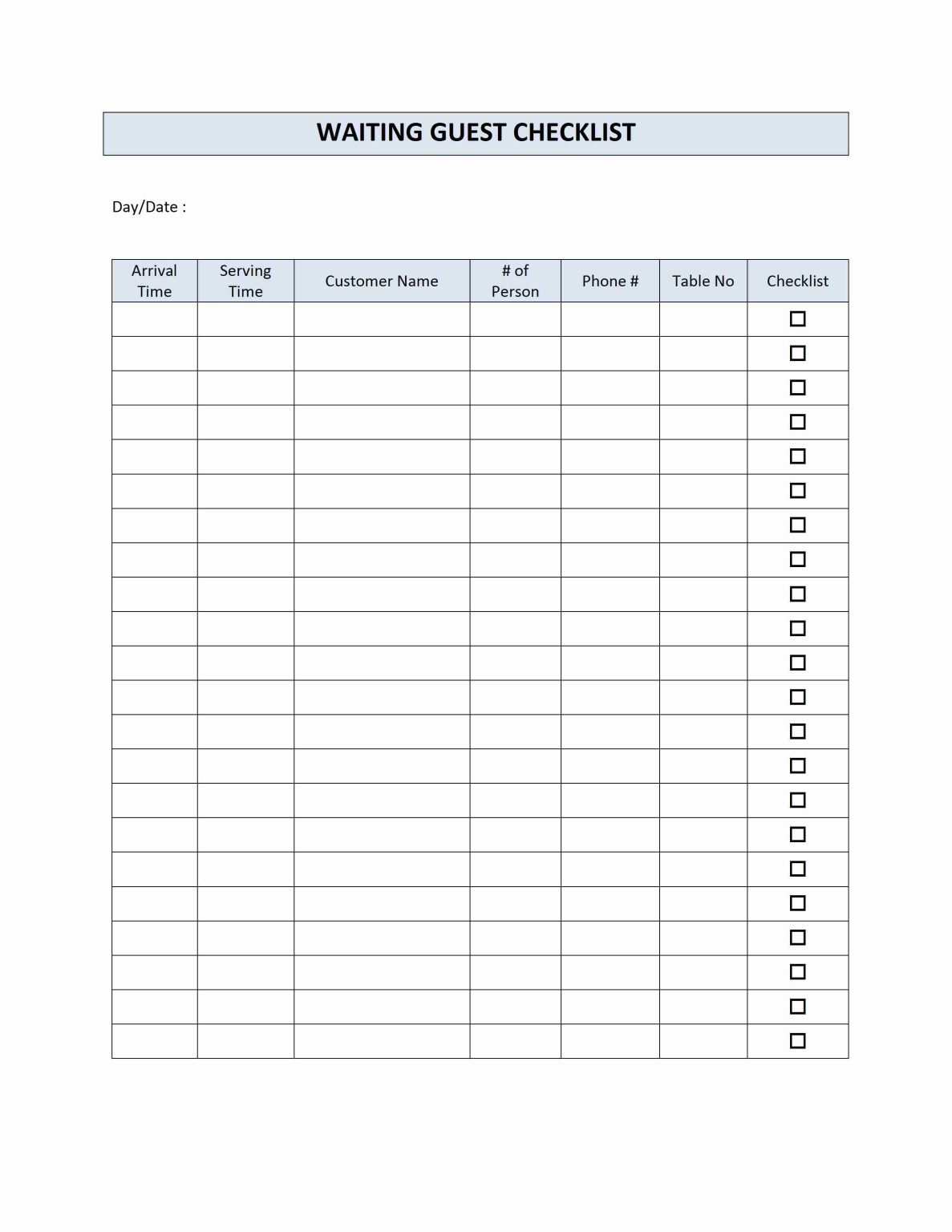 √ Printable Restaurant Waiting List Template