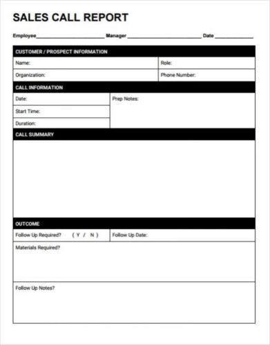 √ Printable Sales Call Report Template