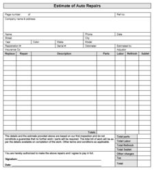 Printable Vehicle Repair Estimate Template Example | Templateral