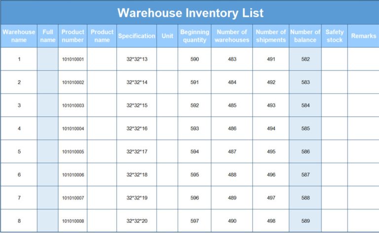 √ Printable Warehouse Inventory List Template