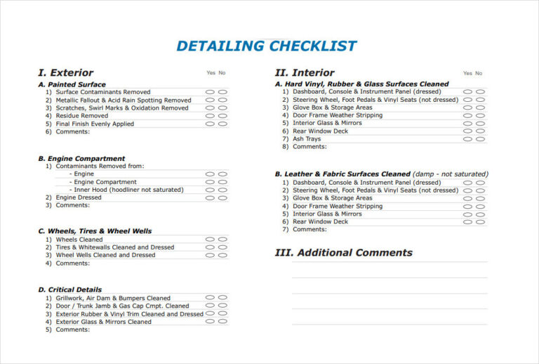 √ Printable Auto Detailing Checklist Template