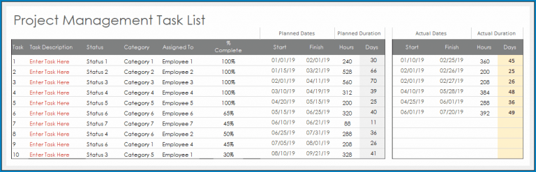 √ Project Manager Task List Template