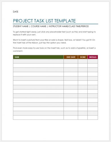 √ Free Printable Project Task List Template