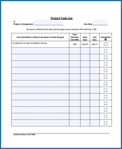 √ Free Printable Project Task List Template