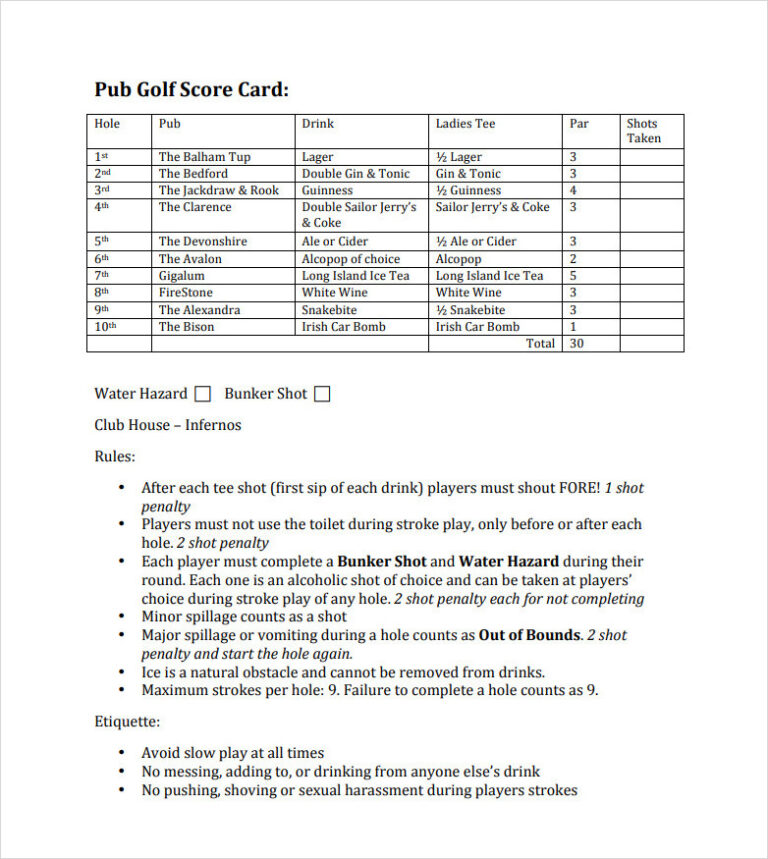 √ Free Printable Golf Scorecard Template