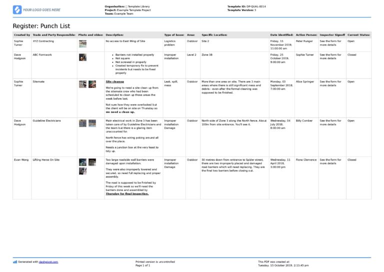 √ Free Punch List Template (Excel)