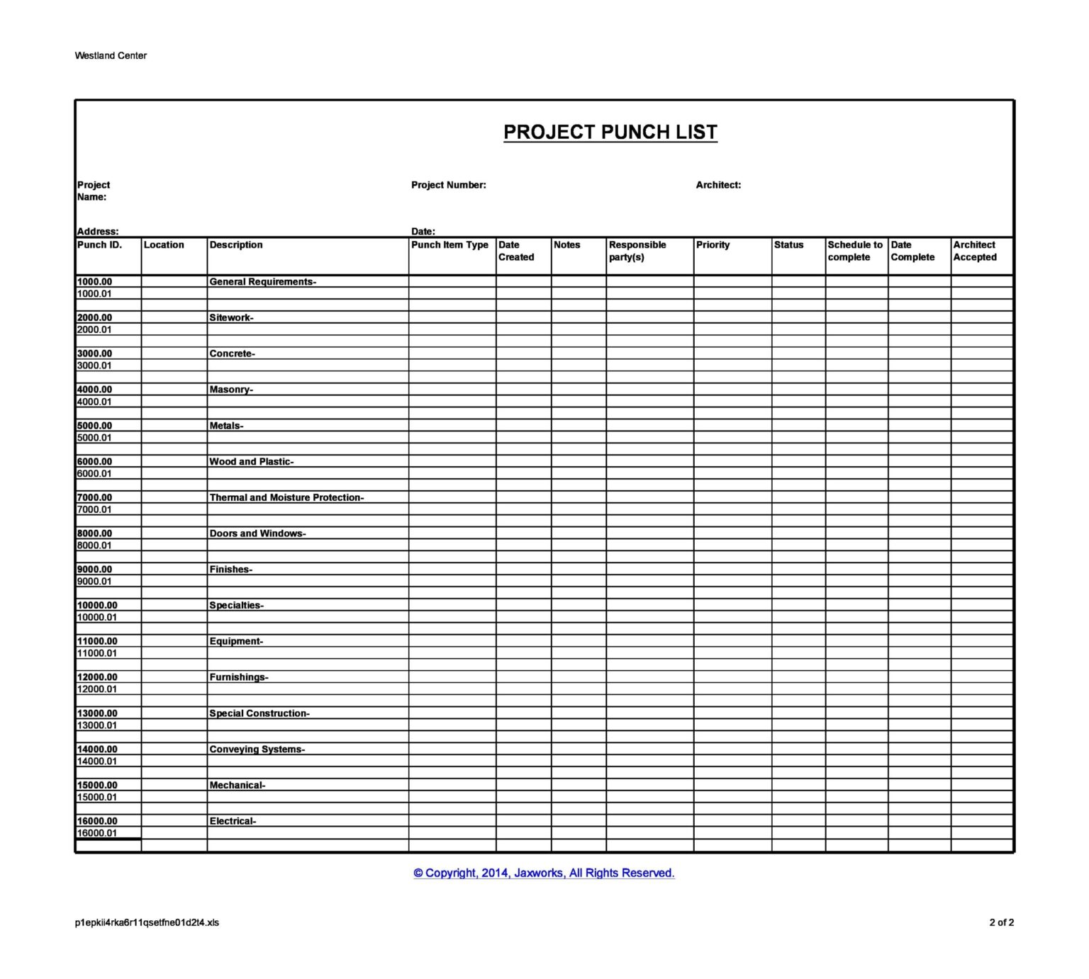 √ Free Punch List Template (Excel)