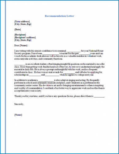 √ Free Printable Recommendation Letter Format