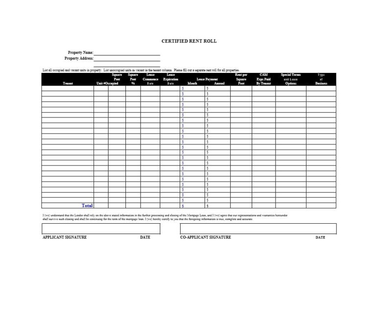 √ Printable Rent Roll Template (Word)