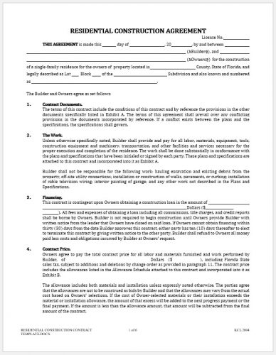 √ Free Printable Residential Construction Contract Template