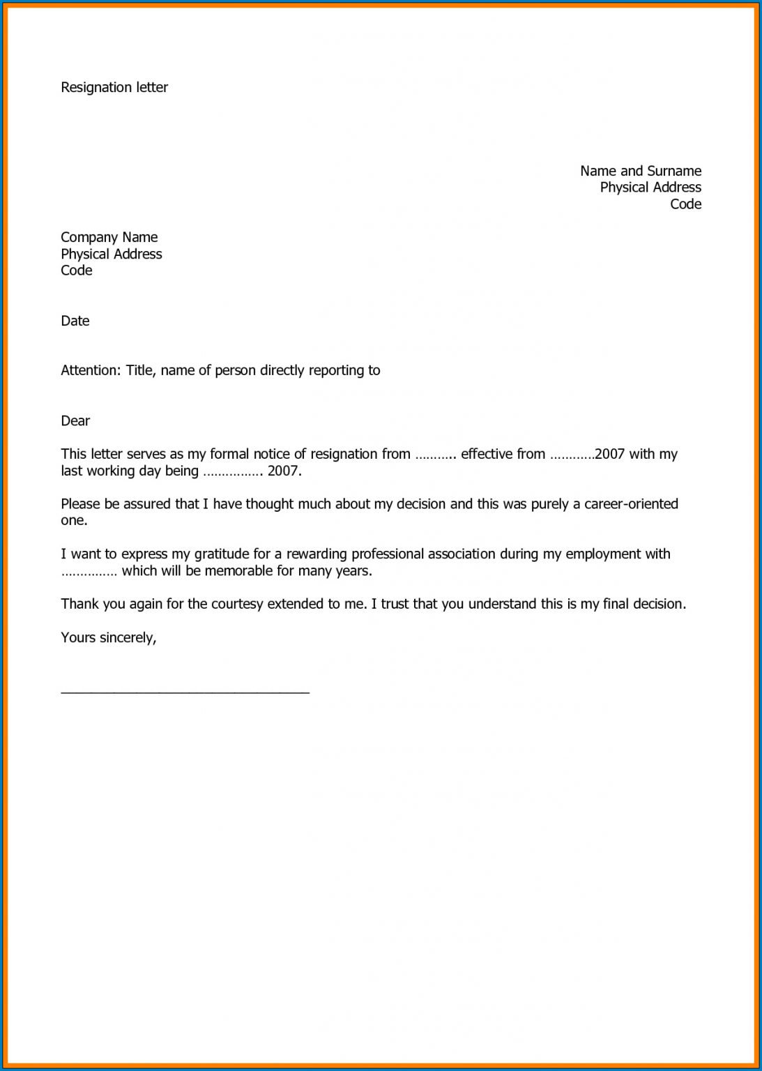  Free Printable Resignation Letter Of Job Template